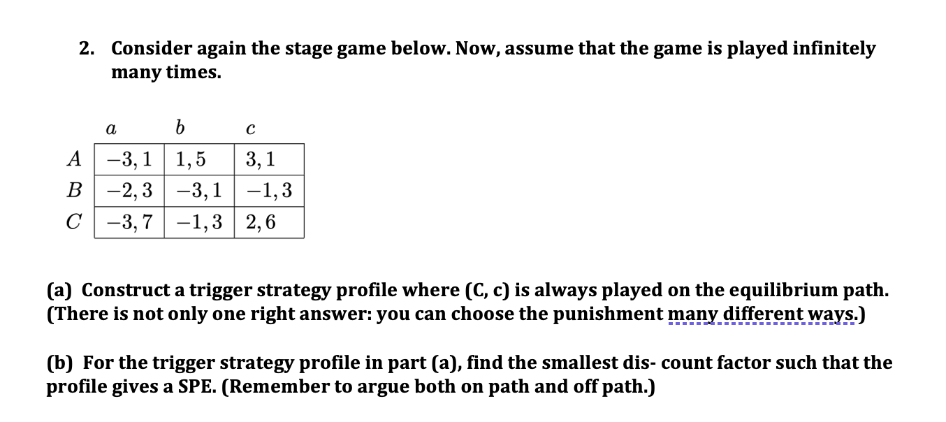 Solved 2. Consider again the stage game below. Now, assume | Chegg.com