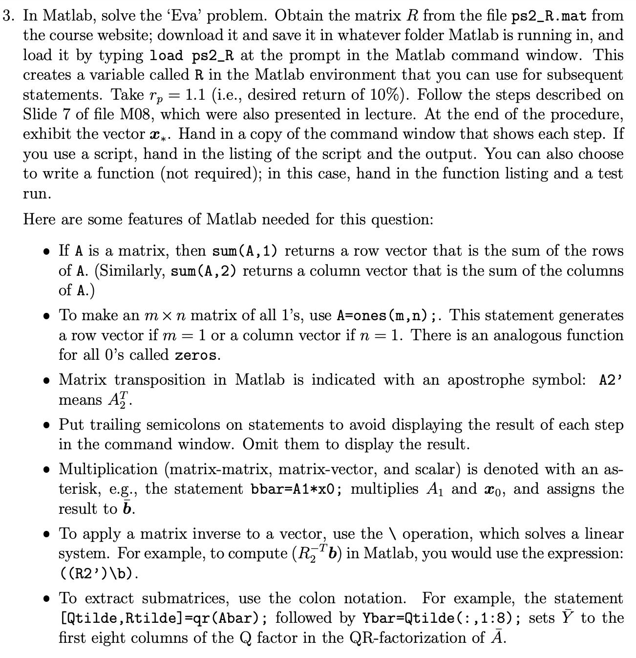 Solved In Matlab, solve the 'Eva' problem. Obtain the matrix | Chegg.com