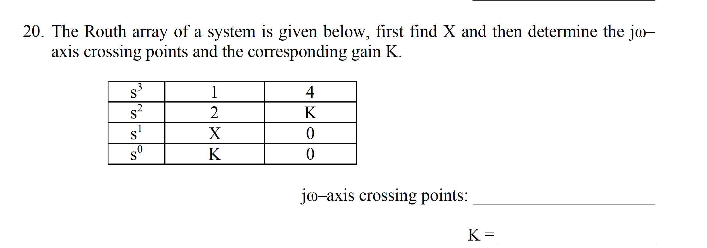 Solved 20. The Routh array of a system is given below, first | Chegg.com
