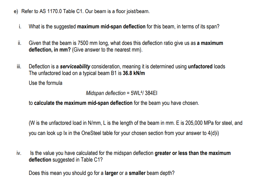 Solved e) Refer to AS 1170.0 Table C1. Our beam is a floor | Chegg.com