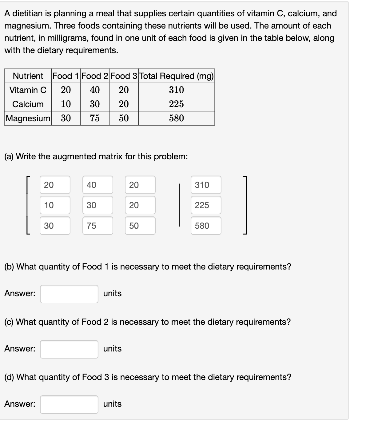 Solved A dietitian is planning a meal that supplies certain | Chegg.com