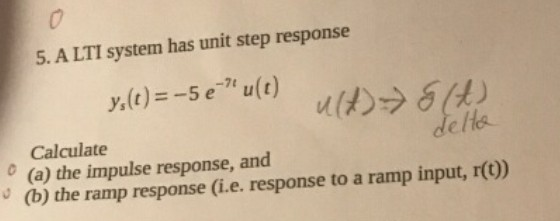 Solved 5. A LTI system has unit step response yst)= -5 | Chegg.com