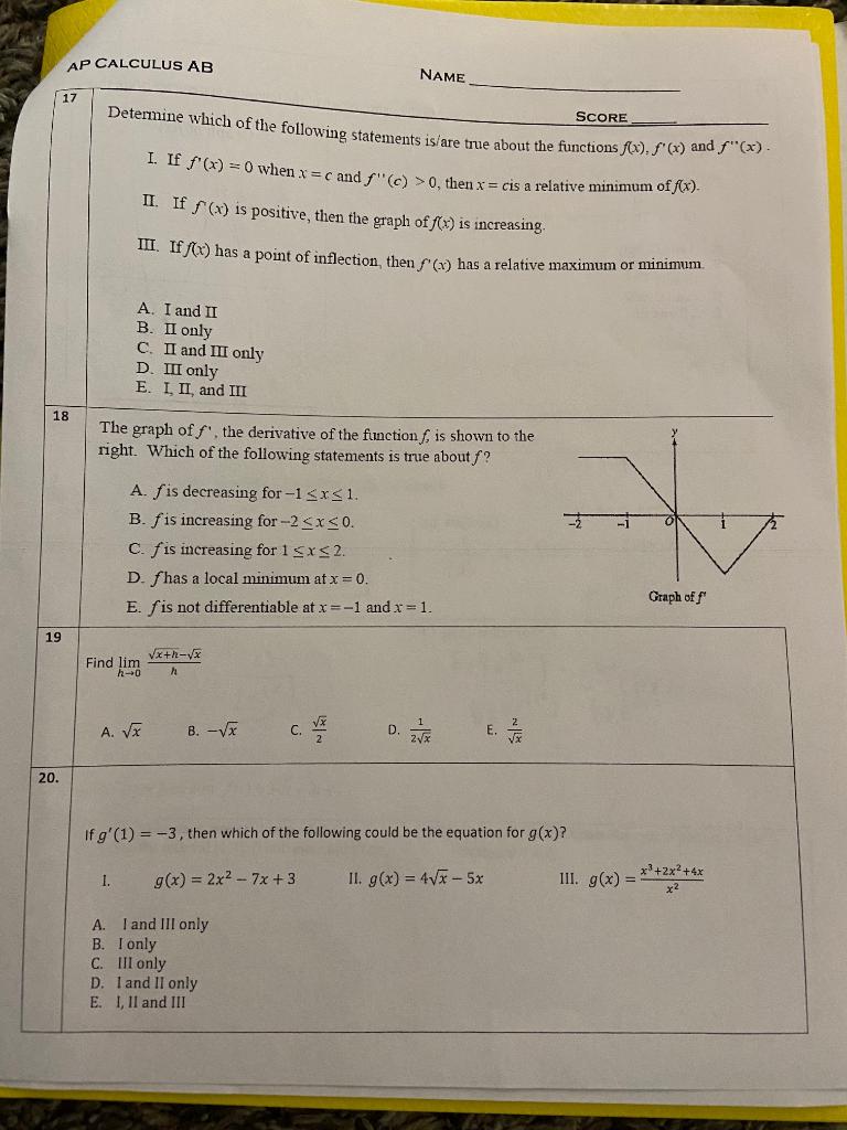 Solved AP CALCULUS AB NAME 17 SCORE Determine which of the | Chegg.com