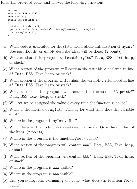 Solved Read the provided code, and answer the following | Chegg.com