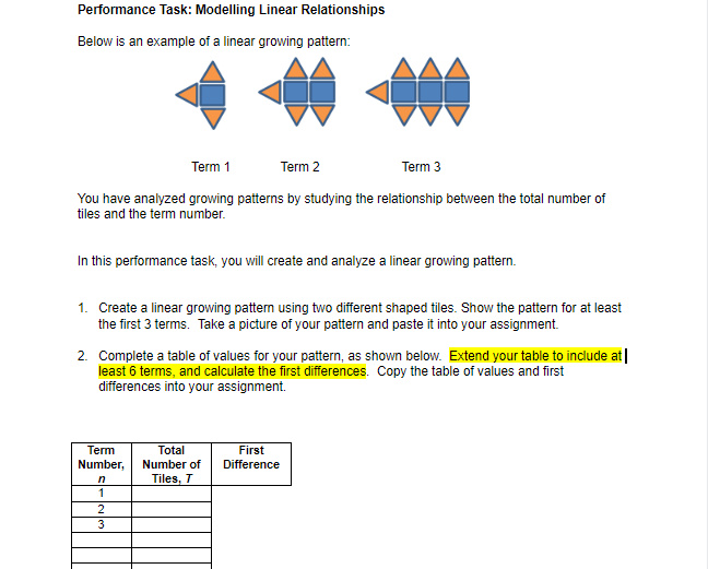 Solved Performance Task: Modelling Linear Relationships | Chegg.com
