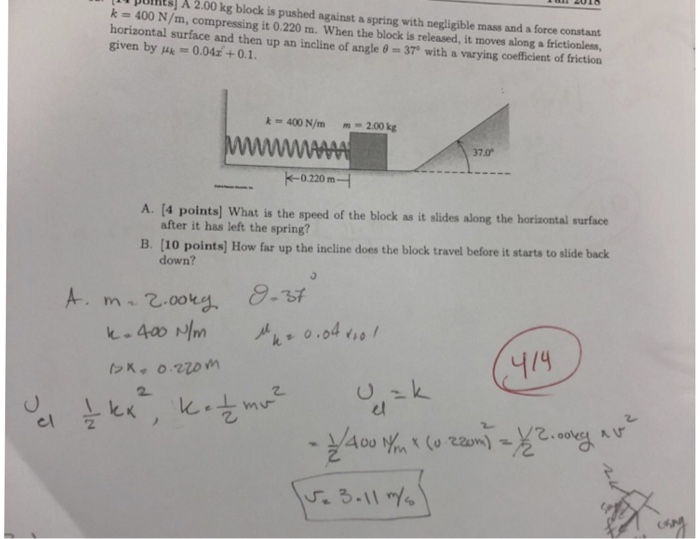 Solved 2.00 kg block is pushed against a spring with | Chegg.com