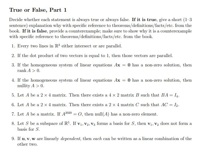 Solved True or False, Part 1 Decide whether each statement | Chegg.com
