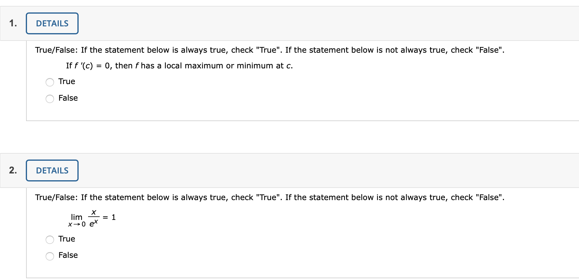 Solved 1. DETAILS True/False: If the statement below is | Chegg.com