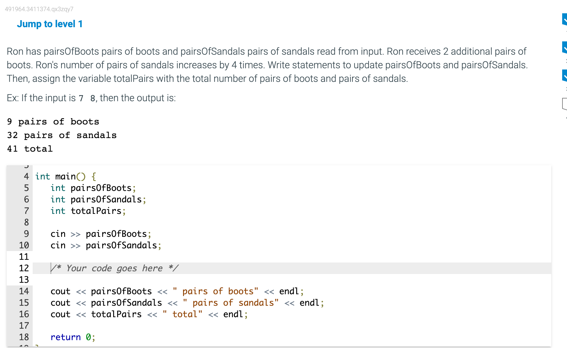 Solved Jump to level 1 Ron has pairsOfBoots pairs of boots | Chegg.com