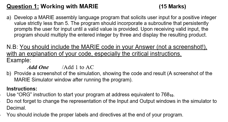 Question 1: Working with MARIE (15 ﻿Marks) ﻿a) | Chegg.com