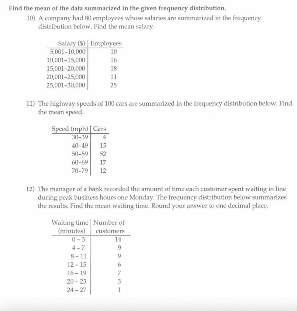 Solved Find the mean of the data summarized in the given | Chegg.com