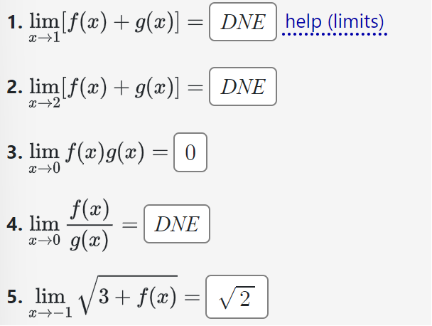 limx→1[f(x)+g(x)]=limx→2[f(x)+g(x)]=limx→0f(x)g(x)=li | Chegg.com