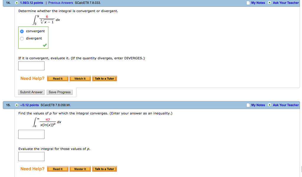 Solved 14. 1.56/3.12 points | Previous Answers SCalcET8 | Chegg.com