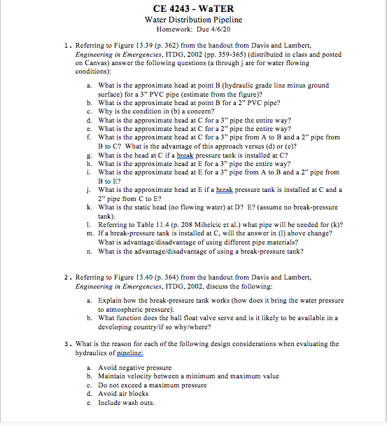 CE 4243 - WaTER Water Distribution Pipeline Homework: | Chegg.com