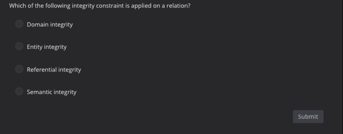 Solved Which of the following integrity constraint is | Chegg.com