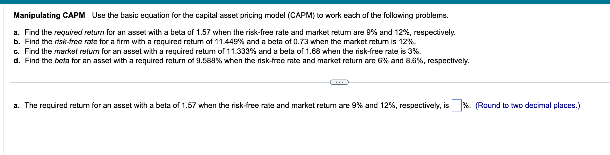 Solved Manipulating CAPM Use the basic equation for the | Chegg.com