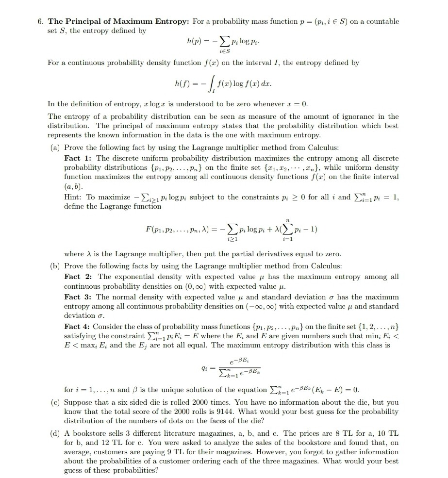 6. The Principal of Maximum Entropy: For a | Chegg.com