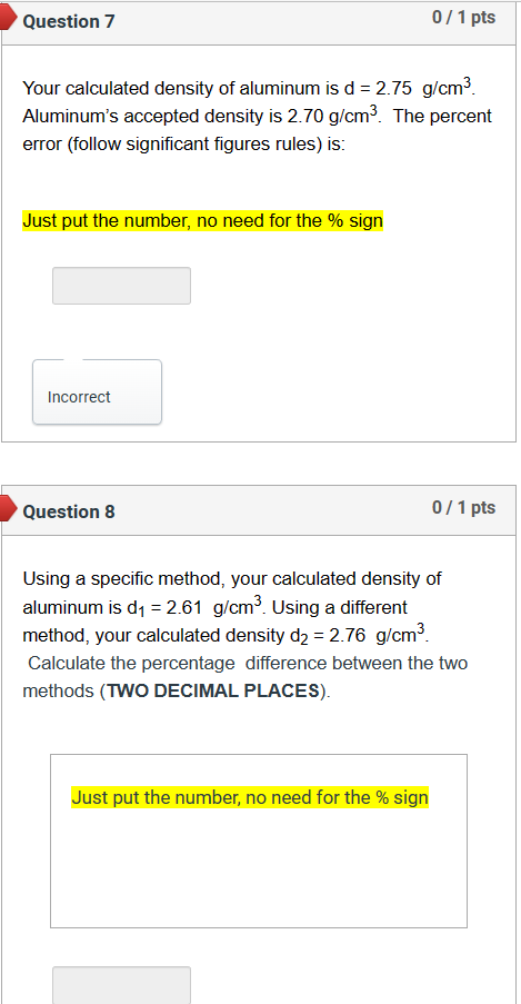 Solved Your calculated density of aluminum is d=2.75 g/cm3. | Chegg.com