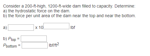 Solved Consider a 200-ft-high, 1200-ft-wide dam filled to | Chegg.com