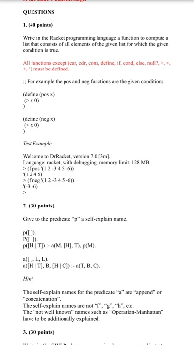 Solved Questions 1 40 Points Write In The Racket