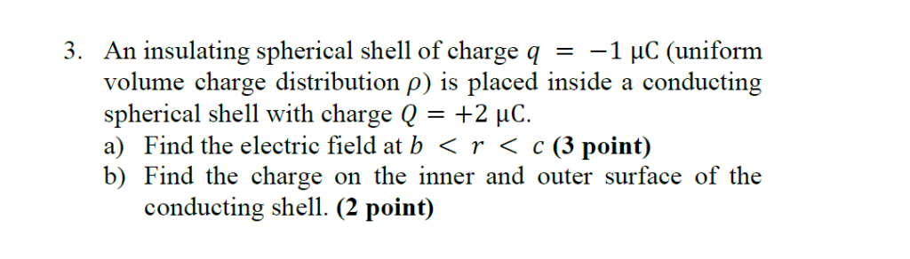 Solved 3. An insulating spherical shell of charge q =-1 uć | Chegg.com