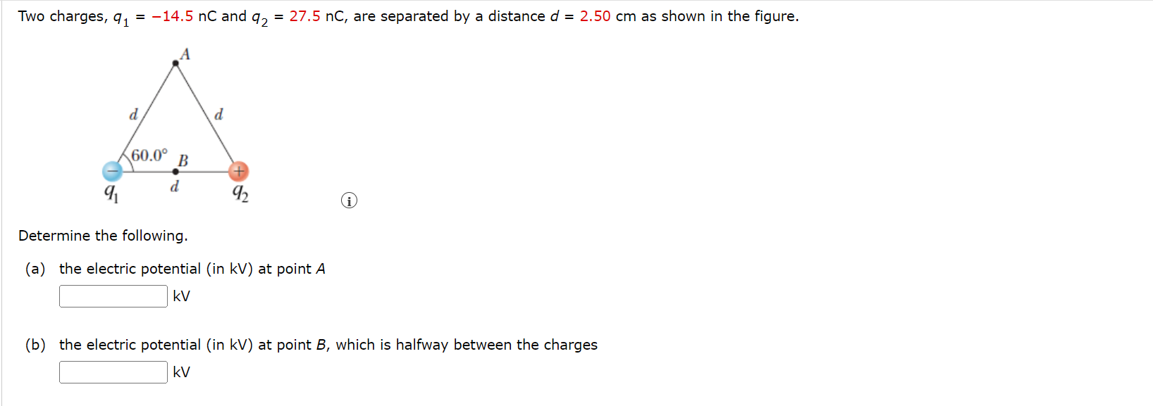 Solved Two charges, q1=−14.5nC and q2=27.5nC, are separated | Chegg.com