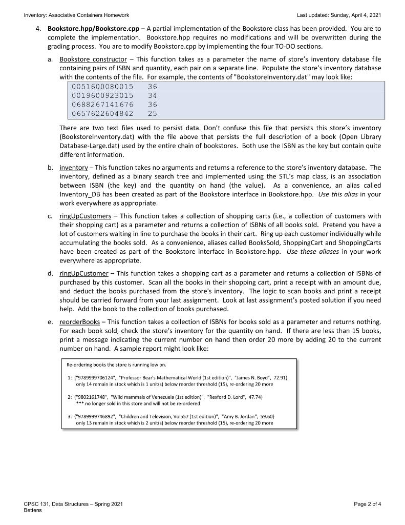 Inventory: Associative Containers Homework Last | Chegg.com