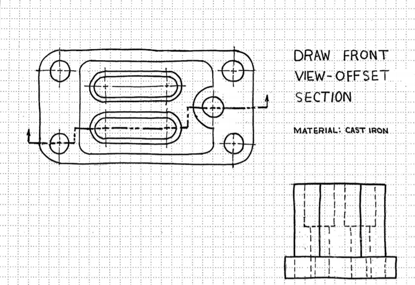 Solved DRAW FRONT VIEW-OFFSET SECTION MATERIAL: CAST IRON | Chegg.com