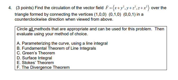 Solved = 4. (3 points) Find the circulation of the vector | Chegg.com