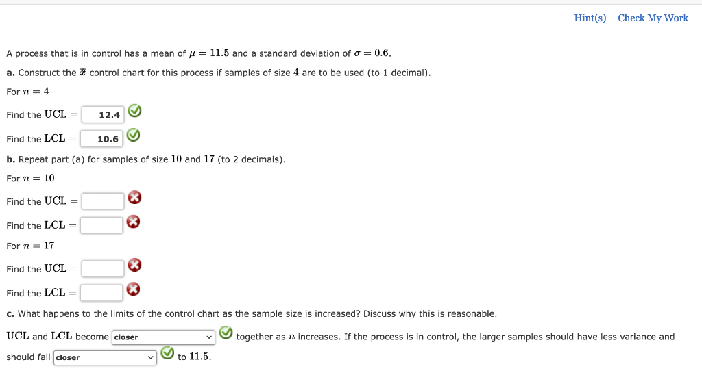Solved A process that is in control has a mean of μ=11.5 and | Chegg.com