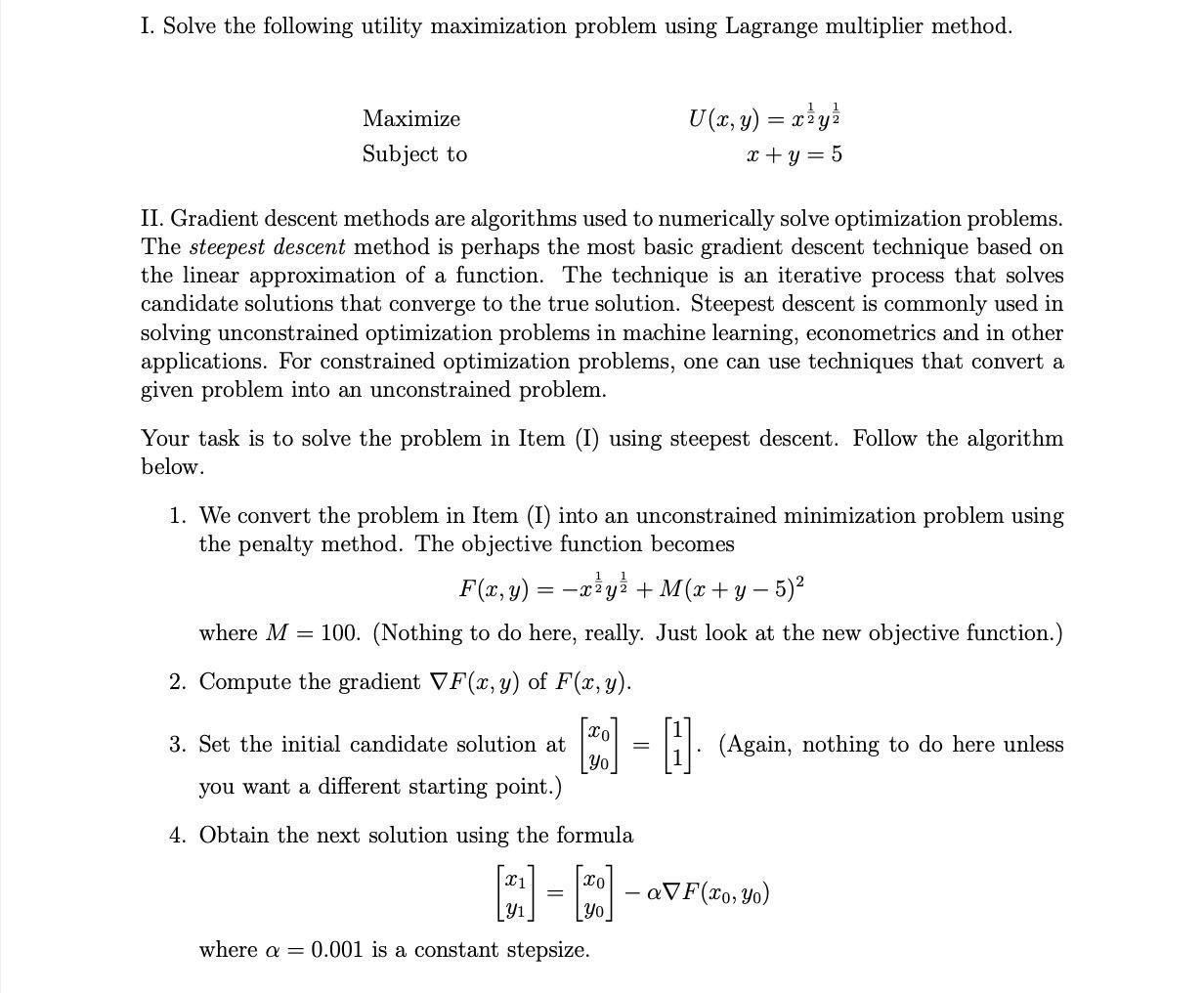 Solved I. Solve the following utility maximization problem | Chegg.com