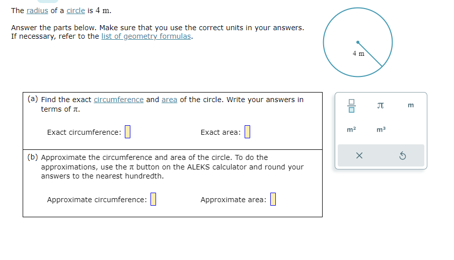Solved The radius of a circle is 4 m. Answer the parts | Chegg.com
