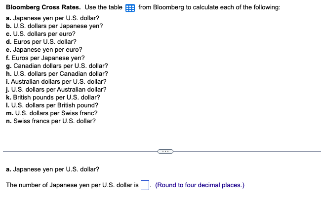 Solved Bloomberg Cross Rates. Use the table from Bloomberg | Chegg.com