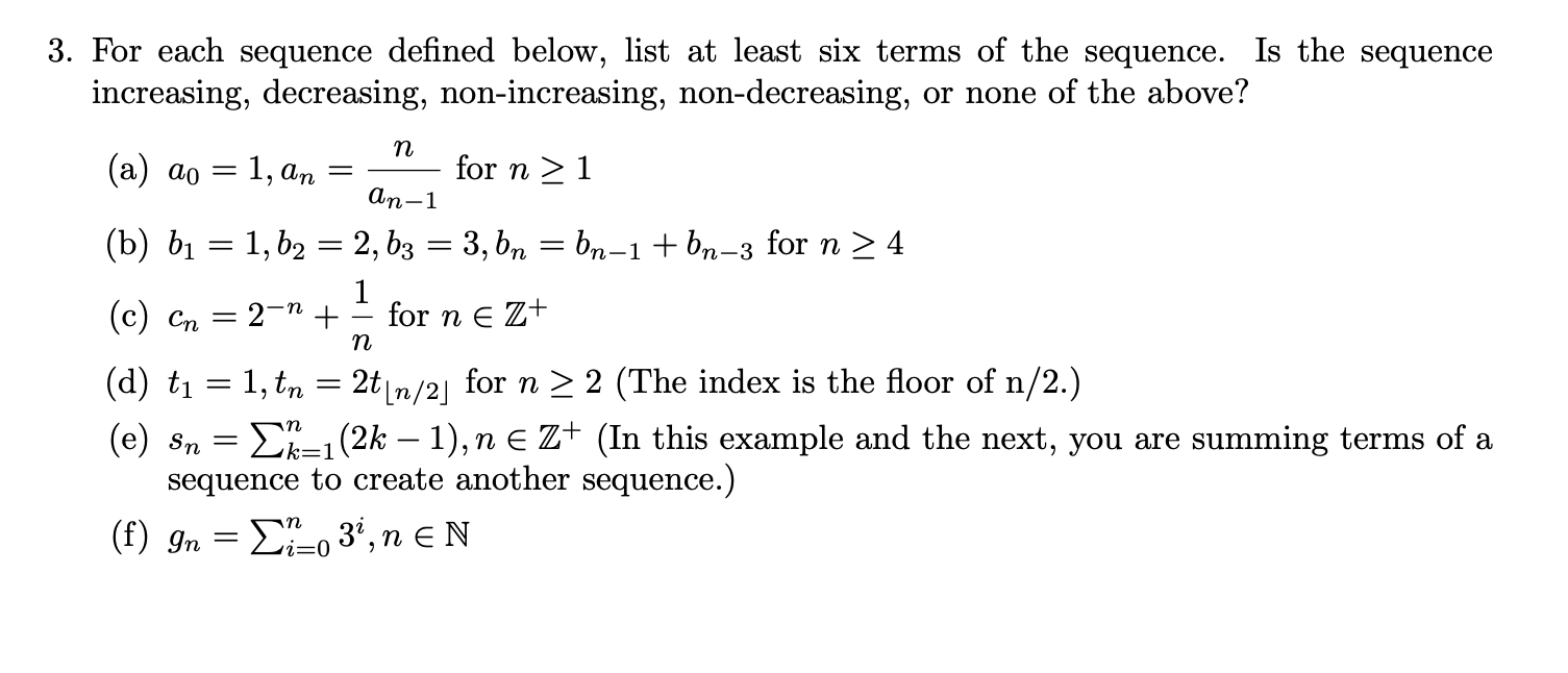 Solved 3. For each sequence defined below, list at least six | Chegg.com