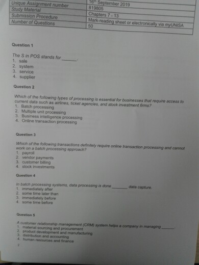 Solved Unique Assignment number Study Material Submission | Chegg.com