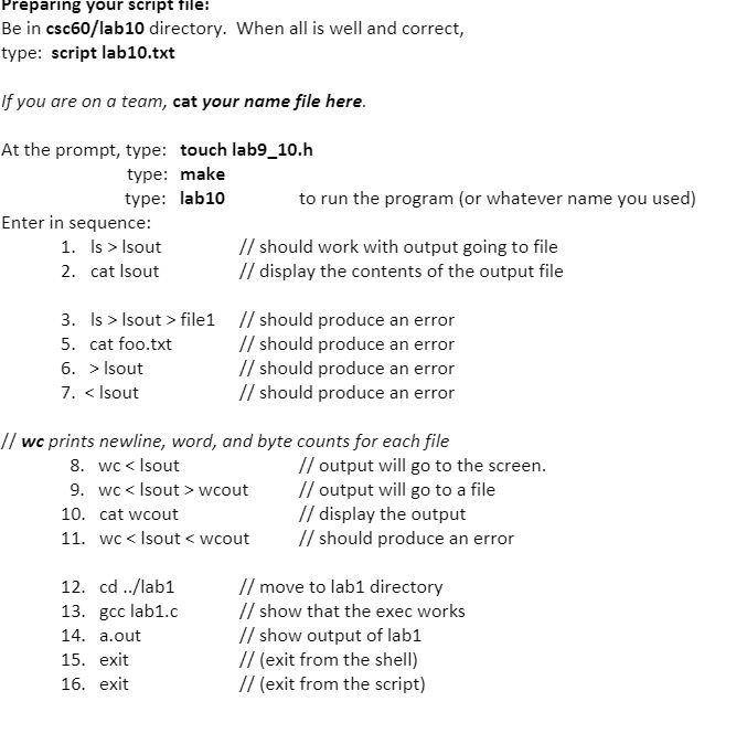 CSC 60. Fall 2019. Lab 10. Write your own UNIX Shell, | Chegg.com