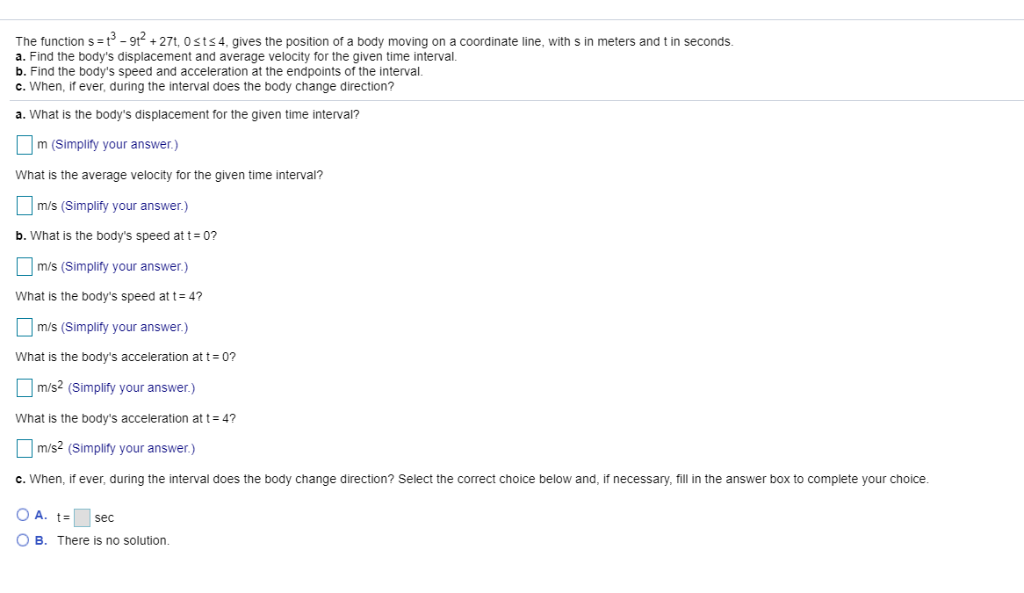 Solved The function s t° - 9t +27t, 0 sts 4, gives the | Chegg.com
