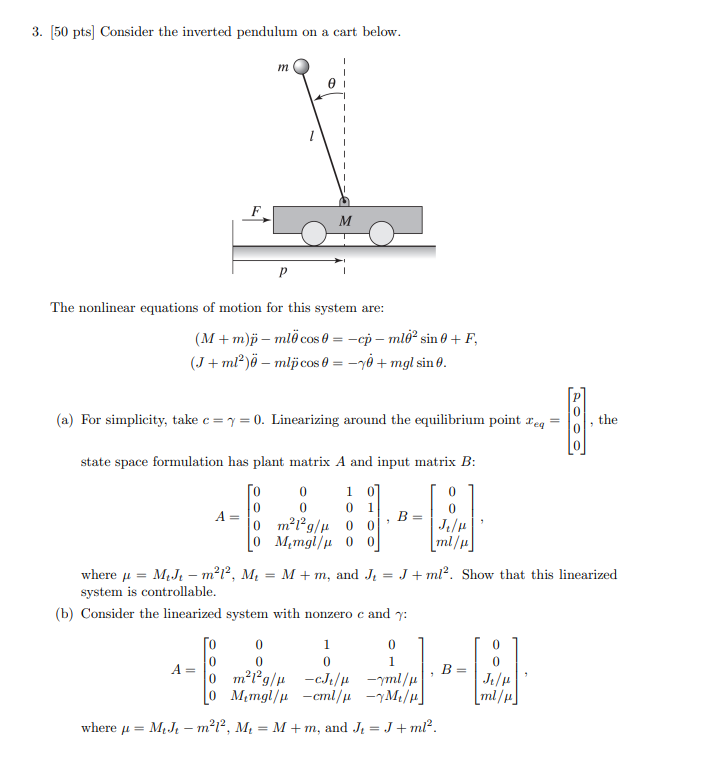 3. [50 pts] Consider the inverted pendulum on a cart | Chegg.com