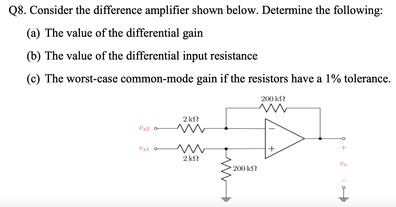 Solved Q8. Consider the difference amplifier shown below. | Chegg.com