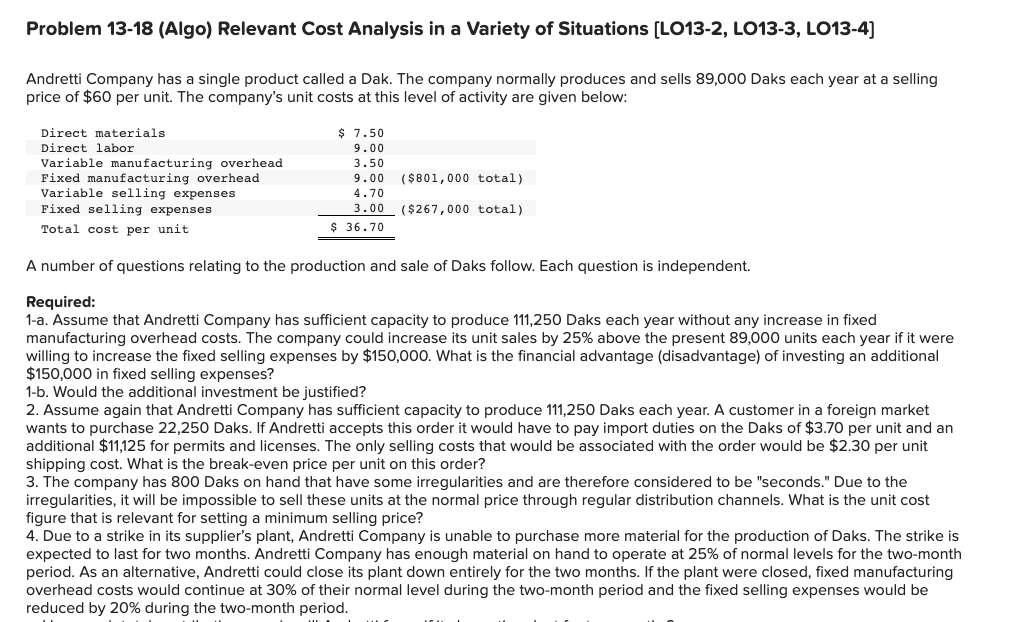 Solved Problem 13-18 (Algo) Relevant Cost Analysis in a | Chegg.com