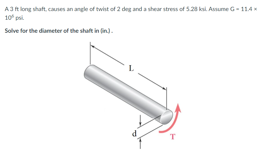 Solved A 3ft long shaft, causes an angle of twist of 2deg | Chegg.com