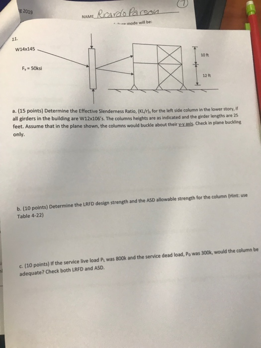 Solved 8 2019 AME KCAY re mode will be: W14x145 10 ft | Chegg.com