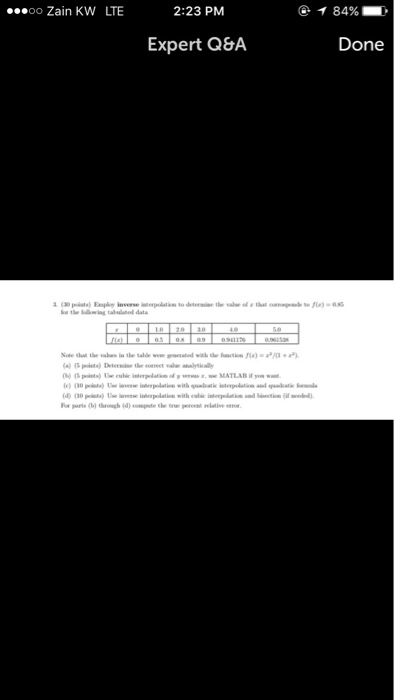 Employ inverse interpolation to determine the value | Chegg.com