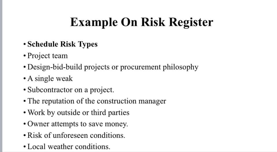 Solved Example On Risk Register • Schedule Risk Types • | Chegg.com