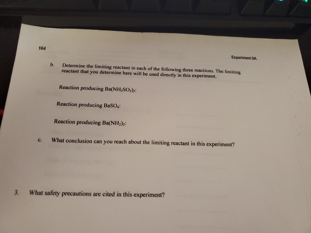 Solved 164 Experiment 9A b. Determine the limiting reactant | Chegg.com
