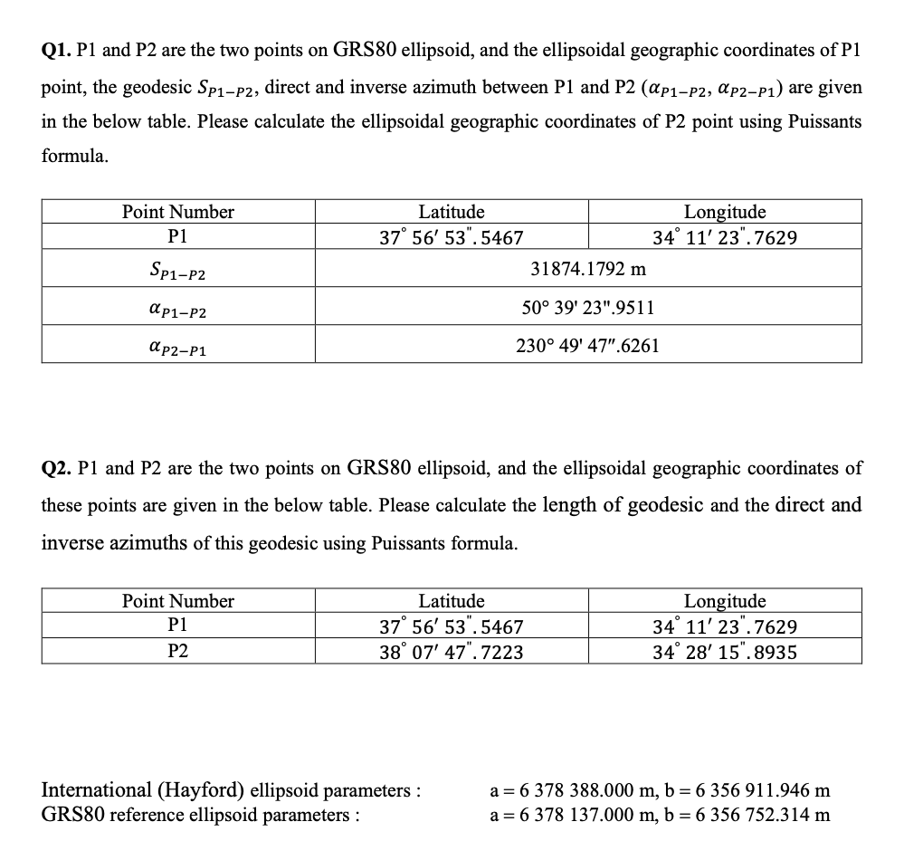 Solved Q1. P1 and P2 are the two points on GRS80 ellipsoid, | Chegg.com