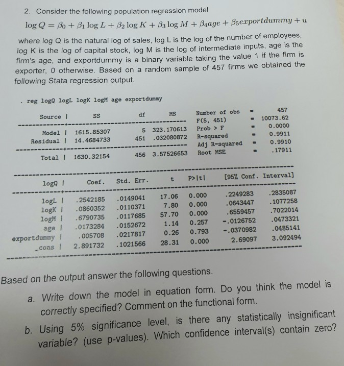 Solved 2. Consider the following population regression model | Chegg.com