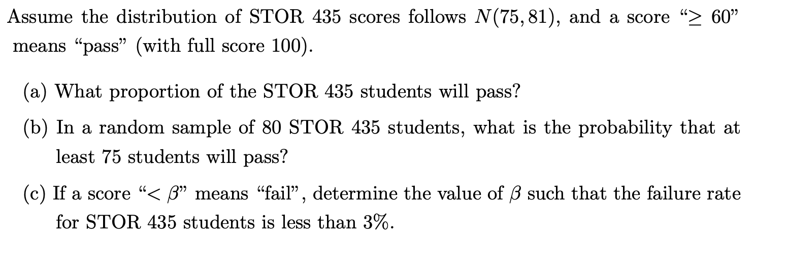 Solved Assume the distribution of STOR 435 scores follows | Chegg.com