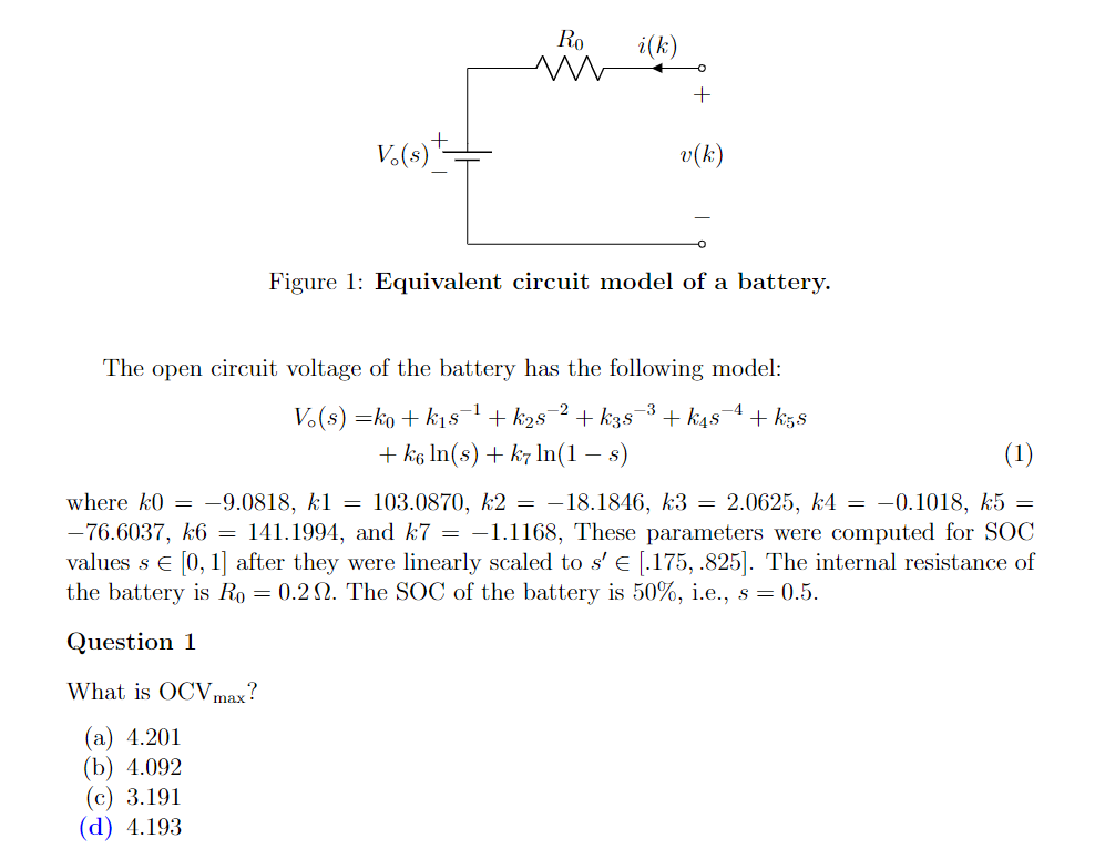 Solved Figure 1: Equivalent circuit model of a battery. The | Chegg.com