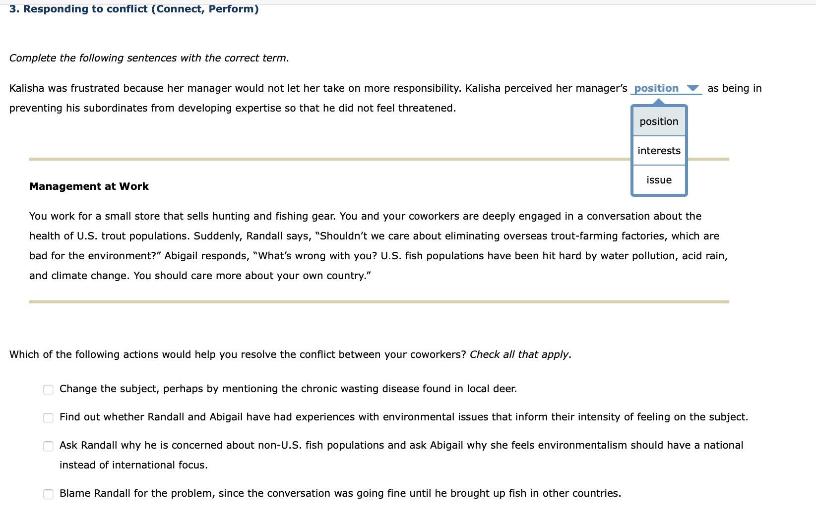 Solved Responding to conflict (Connect, ﻿Perform)Complete | Chegg.com